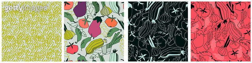 Seamless patterns set with vegetables, beans and greens for surface ...