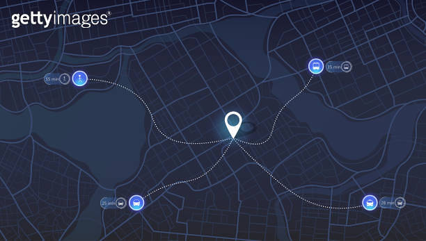GPS navigator screen with street roads and location, destination points ...