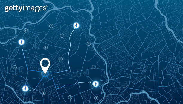 GPS navigator screen with street roads and location, destination points ...
