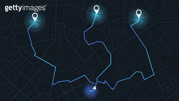 GPS navigator screen with street roads and location, destination points ...