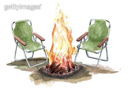 Bonfire. ampfire and Hiking tourist chairs. Hand drawn watercolor ...