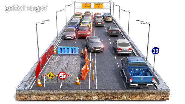 Section of road on a slice of ground showing traffic jam caused by road ...