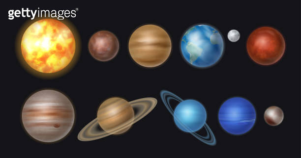 Planets of solar system in row, isolated celestial bodies. Vector ...