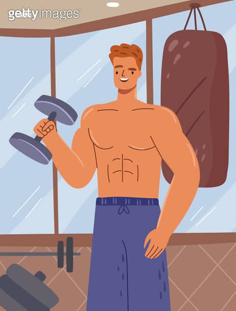 Man training or working out in gym, male character lifting dumbbells ...