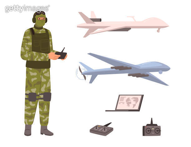 Military man controlling unmanned aerial vehicle, isolated soldier with ...