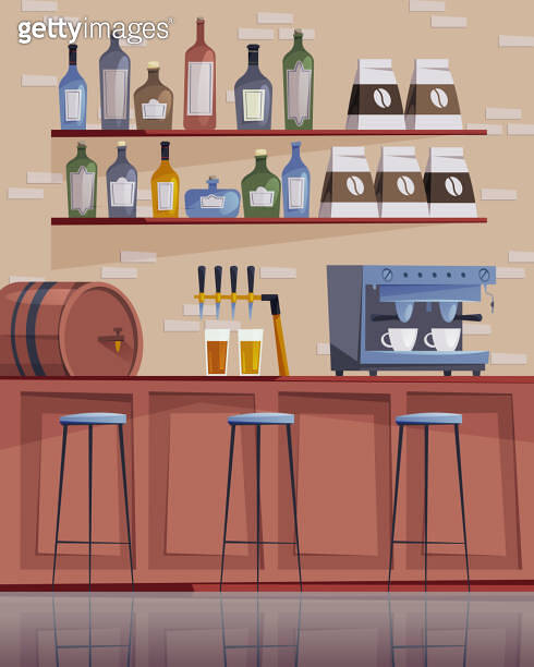 Beer bar interior cartoon illustration. Empty modern pub, bar counter ...