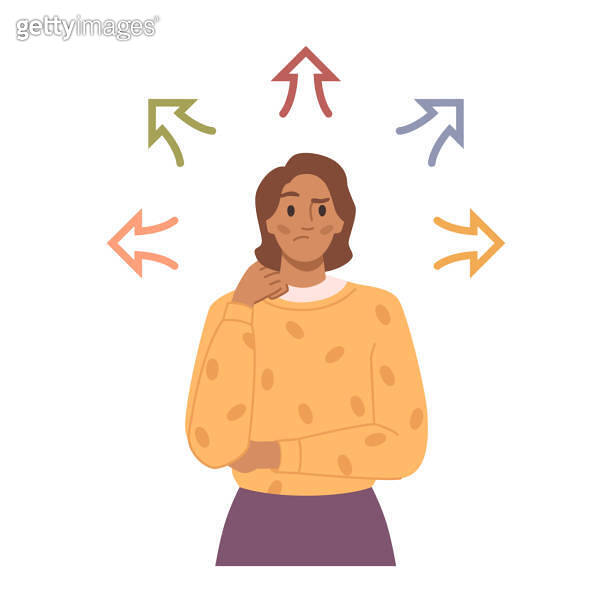Puzzled woman making decision what way to choose, character choosing ...