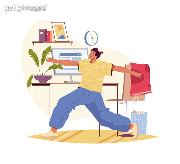 Stretching at workplace at home, fitness activity. Employee working ...
