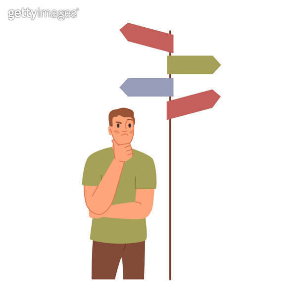 Man choosing from multiple directions, street direction pointer and ...