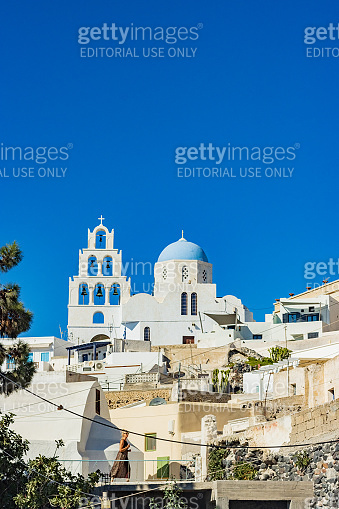 Church of St (Agia) Theodosia in Pyrgos Kallistis on Santorini in South ...