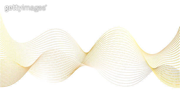 3d wavy gold lines swoosh on white background. Luxury beauty thin curves, swirl as stream flow ...