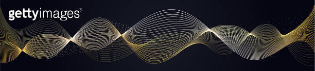3d wavy gold lines swoosh on dark background. Luxury beauty thin curves, swirl as stream flow ...