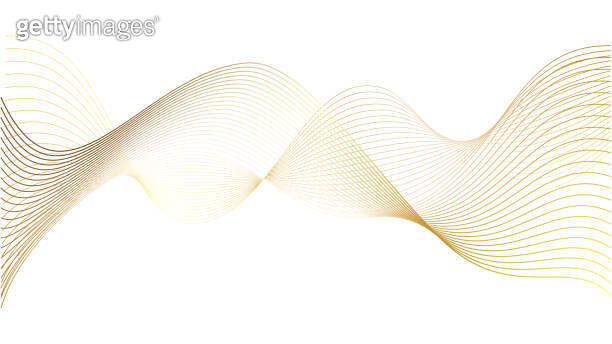 3d wavy gold lines swoosh on white background. Luxury beauty thin curves, swirl as stream flow ...