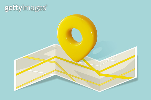 Locator mark on city map shows destination, address, geo position, gps ...