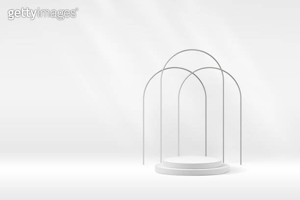 White product podium background with tripple silver arch. Premium ...