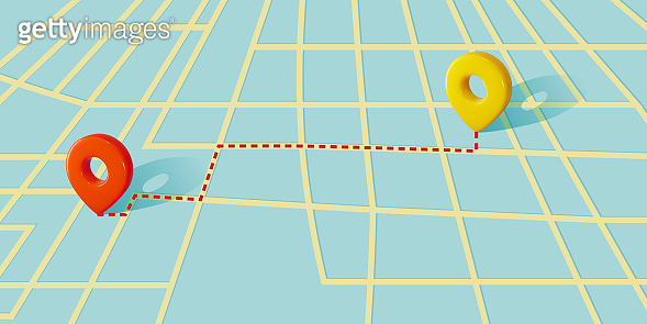 Locator mark on city map shows destination, address, geo position, gps ...