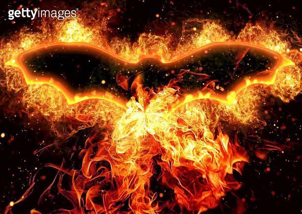 3d illustration of an abstract bat with outstretched wings of burning ...