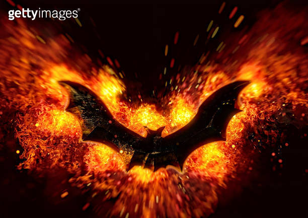 3d illustration of an abstract bat with outstretched wings of burning ...