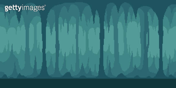 simple vector pixel art horizontal illustration of turquoise cave of ...