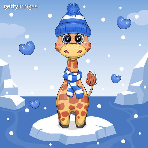 A cute cartoon giraffe in a hat and scarf is standing on the ice. 이미지 ...