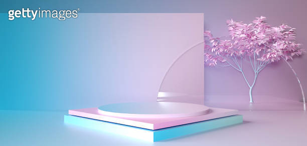 Blue and pink metal exhibition platform stand with marble glass and ...