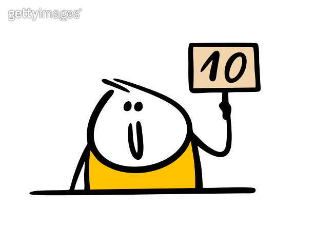 Satisfied judge holds a sign with the number ten, evaluates the ...