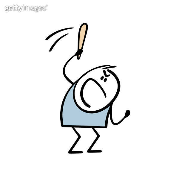 Aggressive man swings and hits with big stick, bat or club. Vector ...