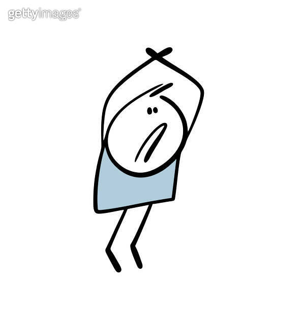 Funny doodle stickman boy raised his hands up shows a gesture of ...
