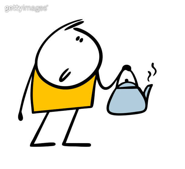 Happy stickman boy holds kettle of boiling water in his hand and is ...