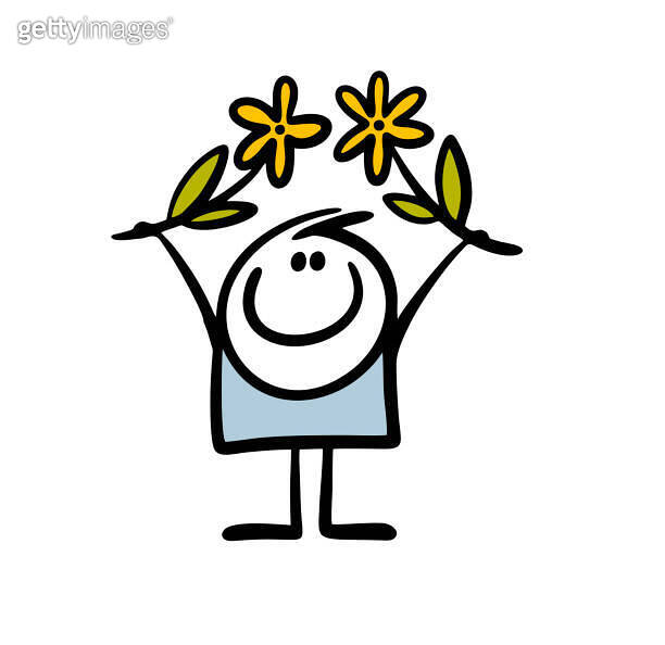 Happy stick figure boy holding flowers in rising up hands and waving it ...