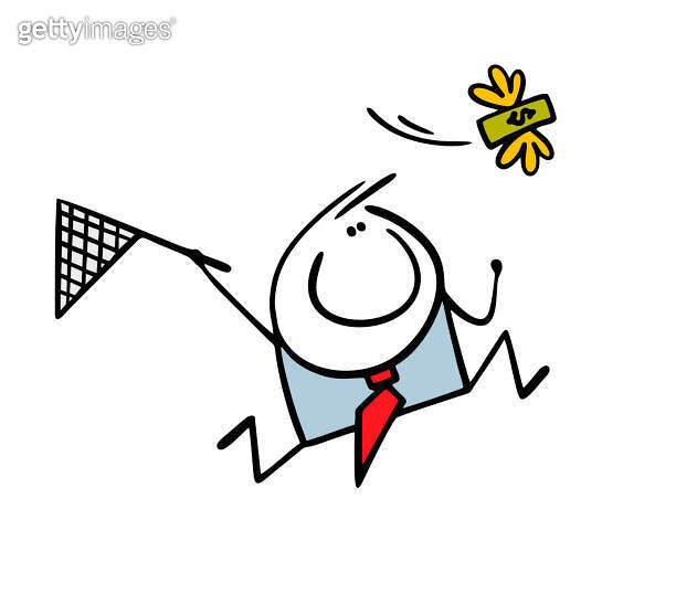 Funny businessman runs with a net and catches flying dollar with wings ...