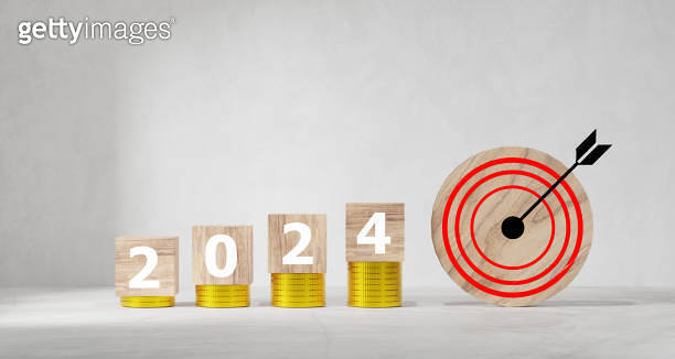 2024 target business cost and budget planning.Wooden cubes with 2024 ...