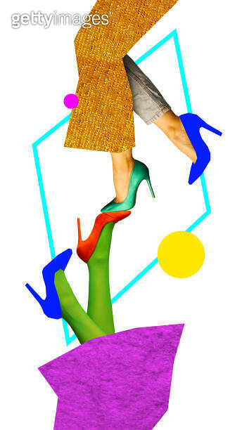 Poster. Contemporary art collage. Two pairs of girls legs dancing in ...