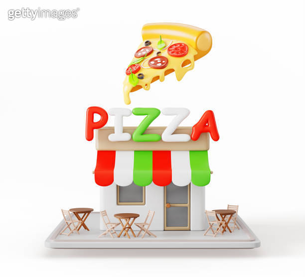 Pizza building facade, fast food cafe with wooden furniture outside ...