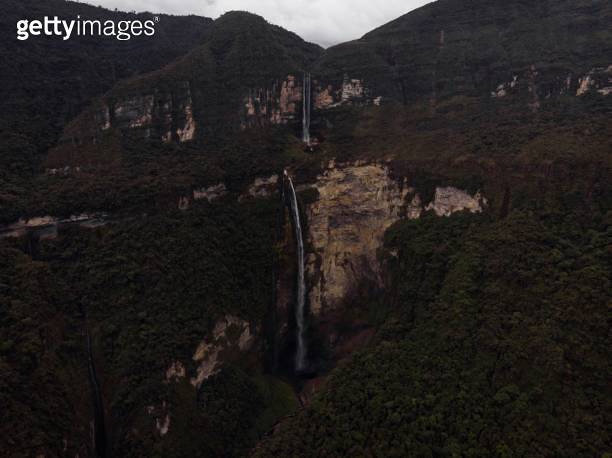 Aerial panorama of Catarata del Gocta waterfall cataract cascade in ...