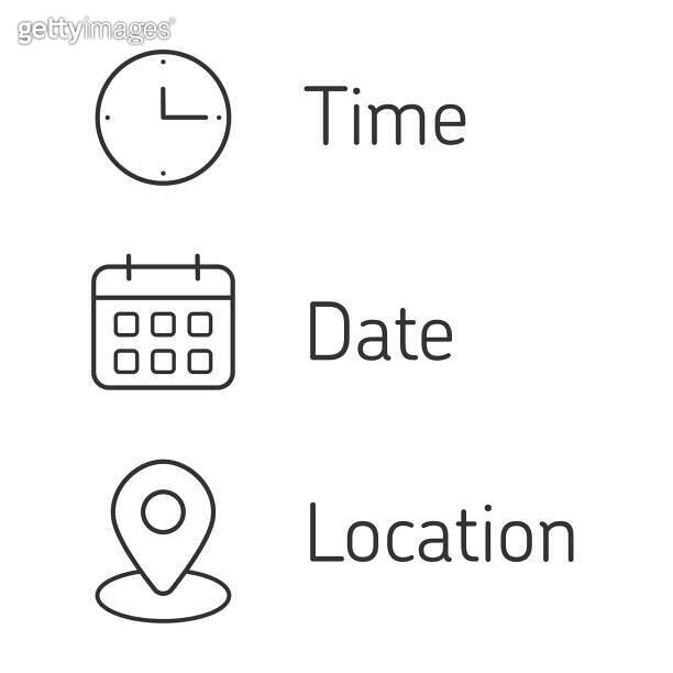 Time, date, location adress symbol set. Calendar clock, time, address ...