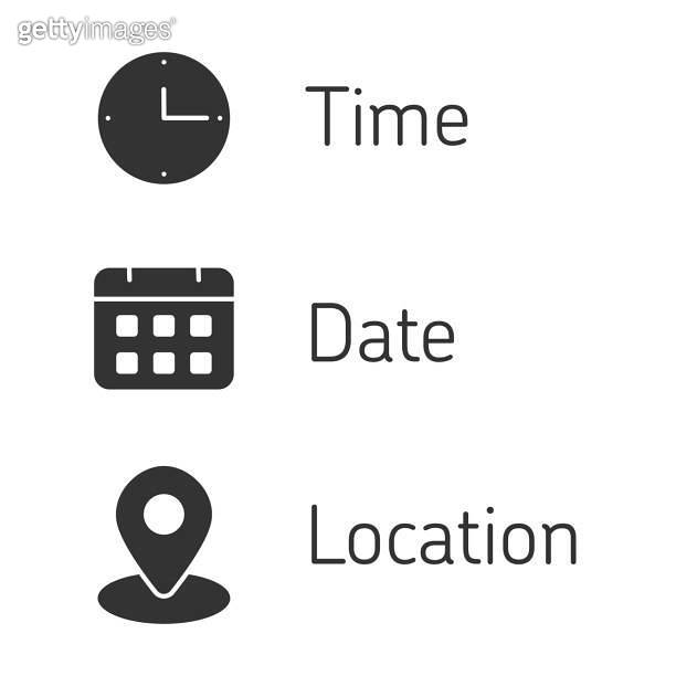 Time, date, location address icon set. Calendar clock, time, address, location symbol. Business ...