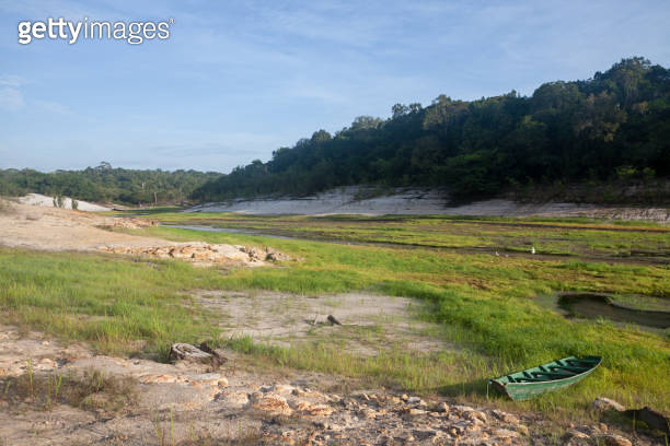 Dry river landscape in extreme drought in the Amazon Rainforest, the ...