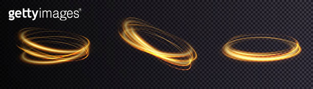 Dynamic gold lines with glow effect. Rotating shiny rings. Abstract sparkling swirl, wave of ...