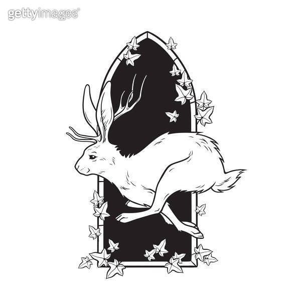Jackalope hare with horns folklore magic animal over gothic arch with ...