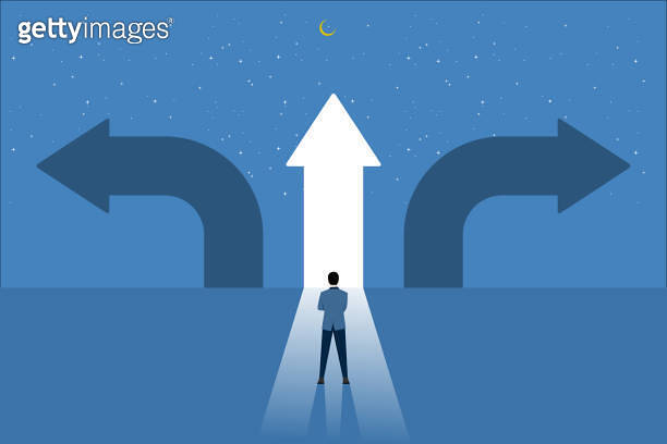 Businessman must choose between three different options indicated by ...