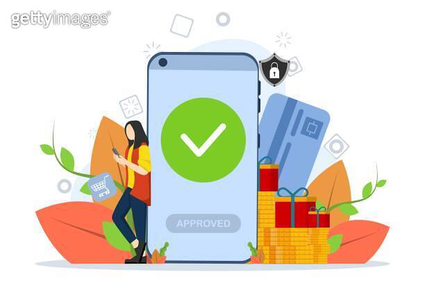 Payment concept approved, woman pays successfully and safely. Online ...