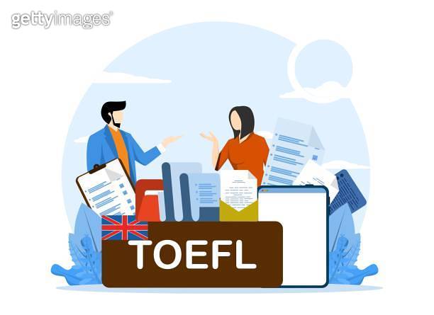 TOEFL english exam concept. Exam of English as a foreign language. Flat ...