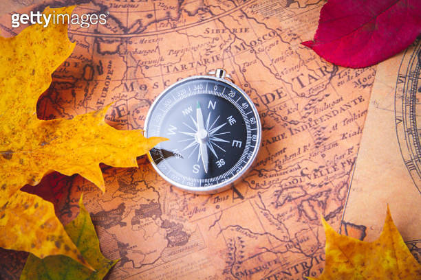 Traveler's compass on map in bright multi-colored autumn leaves ...