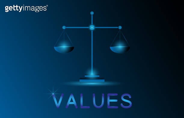 Futuristic values concept. The scales glowing symbol and text ...