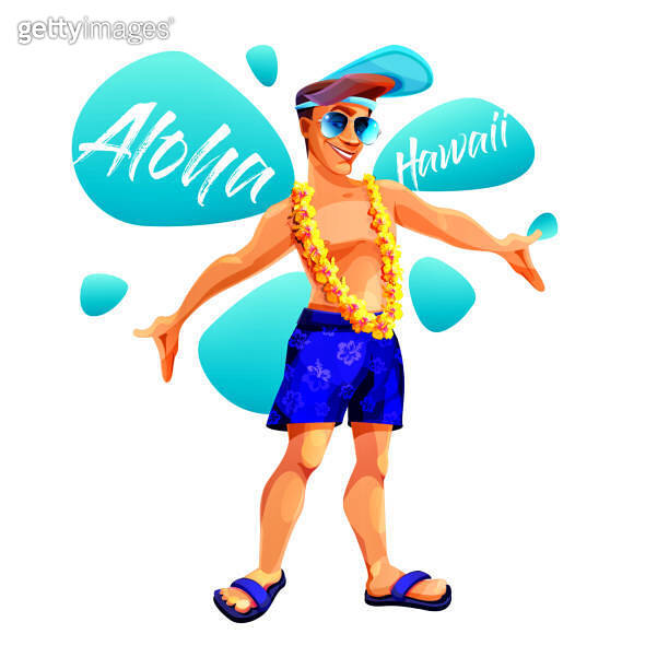 Aloha Hawaii tropical holiday concept in cartoon style. Beach guy ...