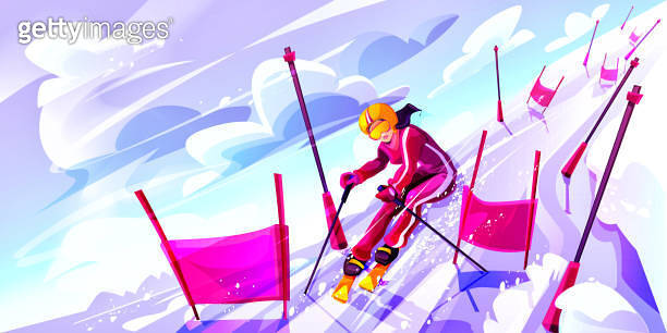 Concept of speed skiing and victories in cartoon style. A young girl ...