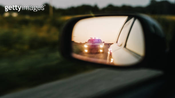 Stylish Side Mirror Car Chase Shot: Highway Traffic Patrol Vehicle Pull ... Stylish Side Mirror Car Chase Shot: Highway Traffic Patrol Vehicle Pull ...