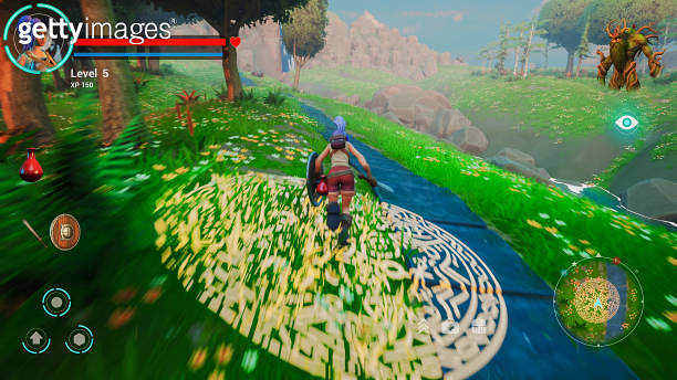 Video Game Mock Up Screen: Gameplay of 3D Open World Sandbox Fantasy ...