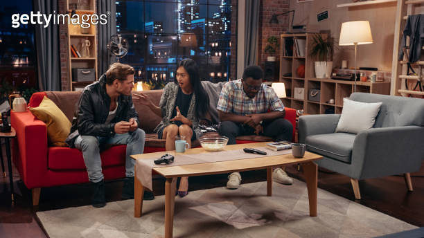 Television Sitcom Concept. Three Diverse Friends having Fun in the ...